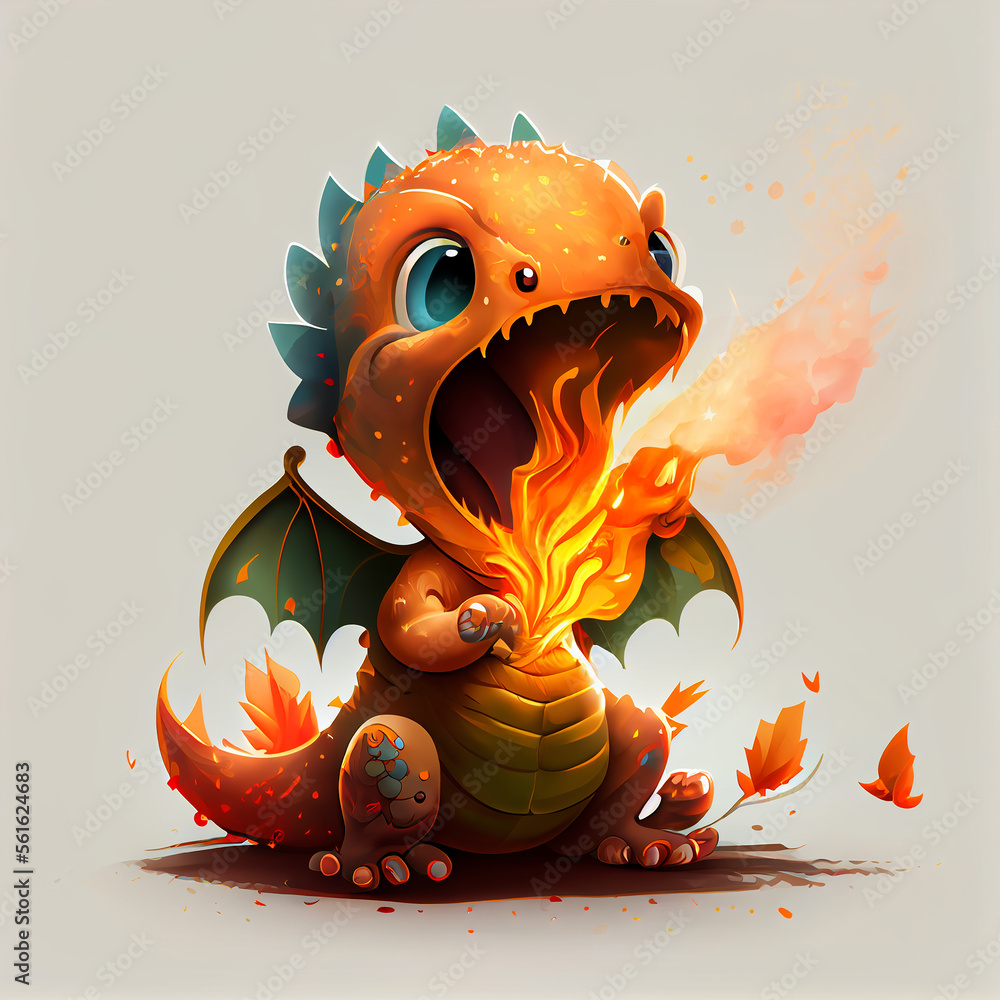 Cute cartoon baby dragon burping fire generative ai Stock Illustration | Adobe Stock