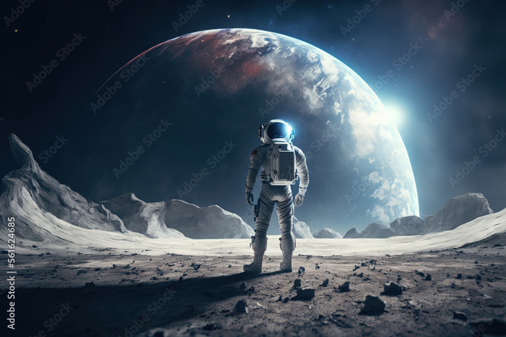 astronaut standing on the moon looking at earth, art illustration Stock ...