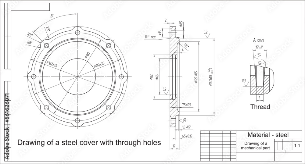 Vector drawing of a round mechanical part with through holes. Steel ...