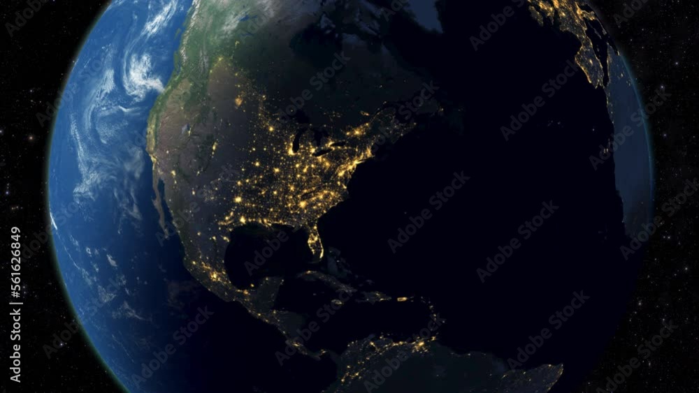 Realistic Earth rotating. Day to night transition as seen from space ...