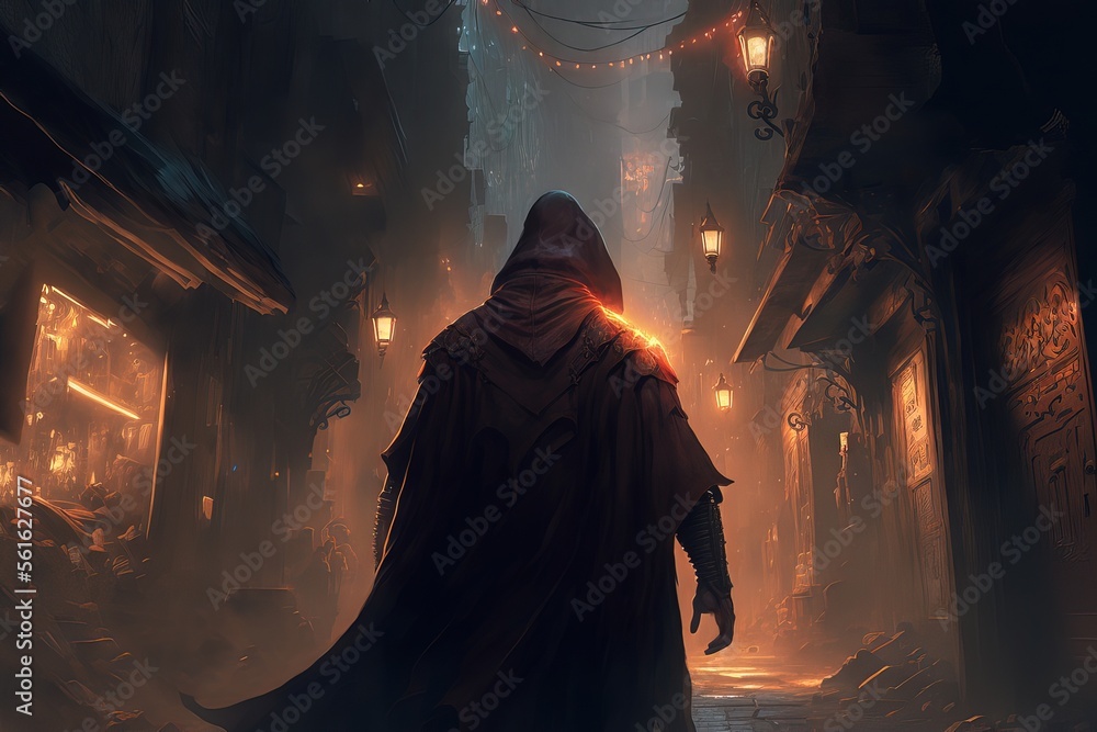 Photo illustration de fantasy, personnage avec une cape et capuche de ... Photo illustration de fantasy, personnage avec une cape et capuche de ...
