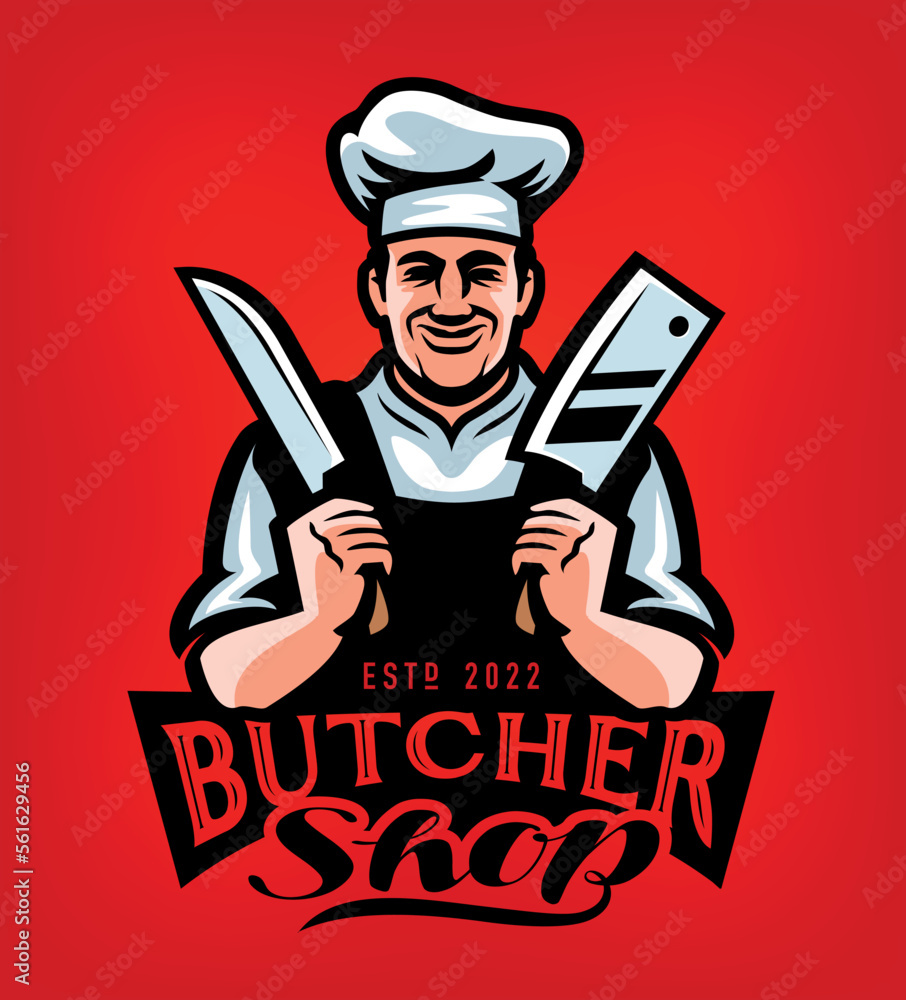 Chef with meat knives in hands. Butcher shop logo emblem for design ...