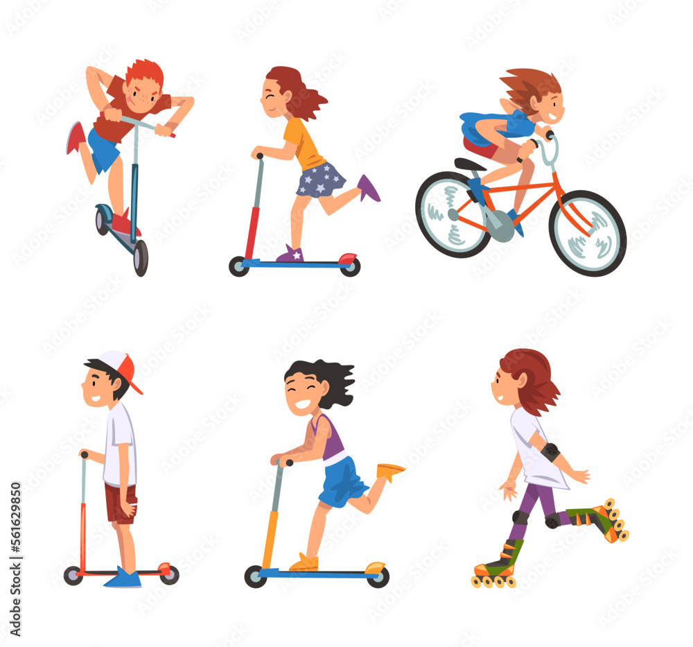 Cute happy children riding bike and kick scooter set cartoon vector ...