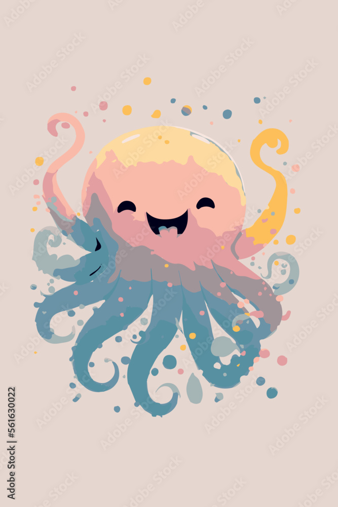 Cartoon octopus. Vector drawing of cute smiling marine life. Isolated ...