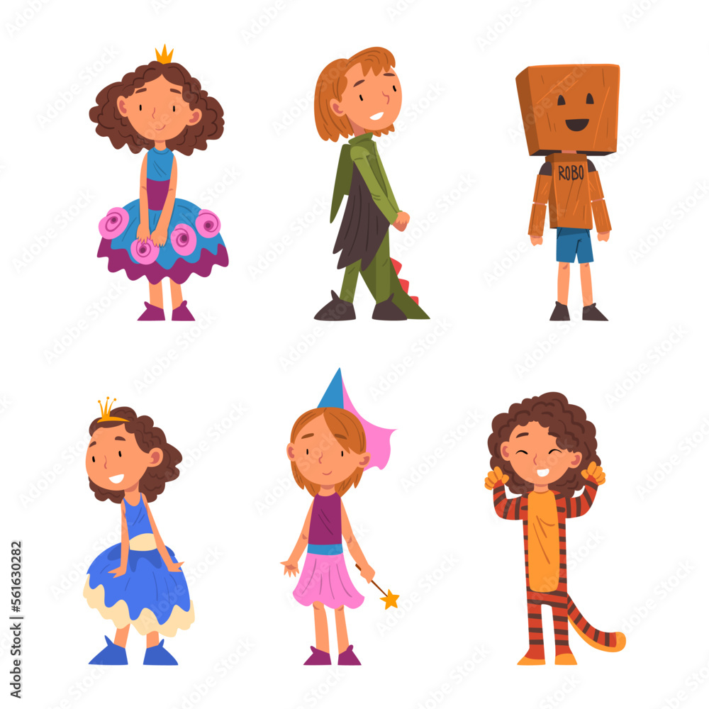 Cute kids in festive costumes. Funny boys and girls in princess, dragon ...