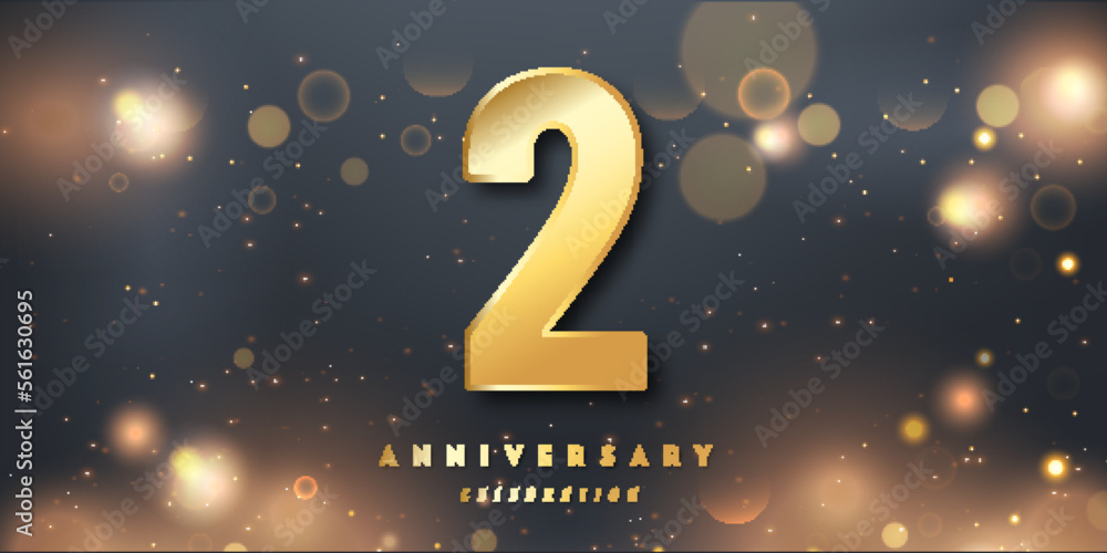 2nd Year anniversary celebration background. 3D Golden number with ...