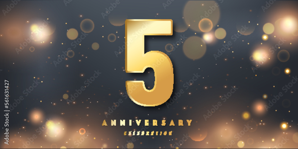 5th Year anniversary celebration background. 3D Golden number with ...