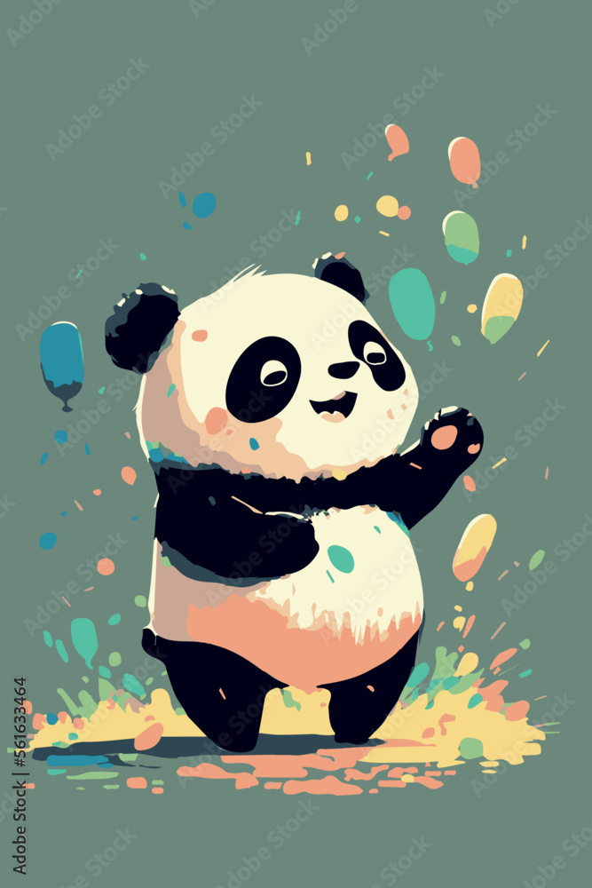 Cartoon panda. Hand drawn vector illustration. Cheerful happy panda ...