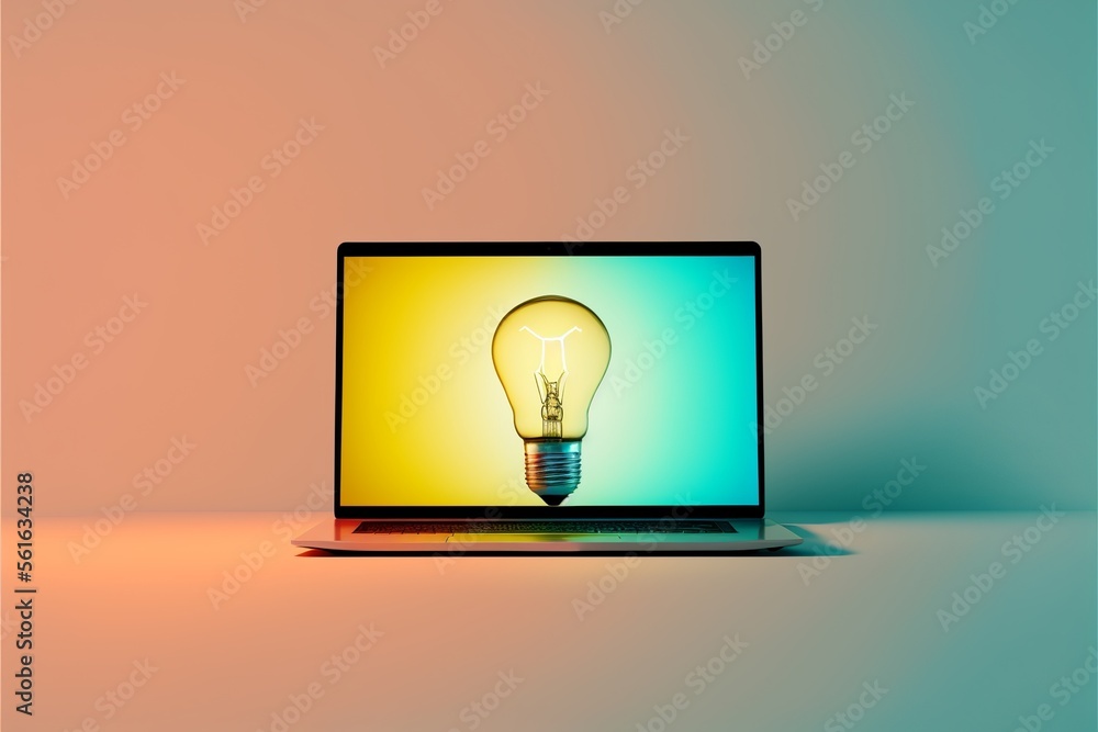 Light bulb on laptop screen, gradient background. AI digital ...