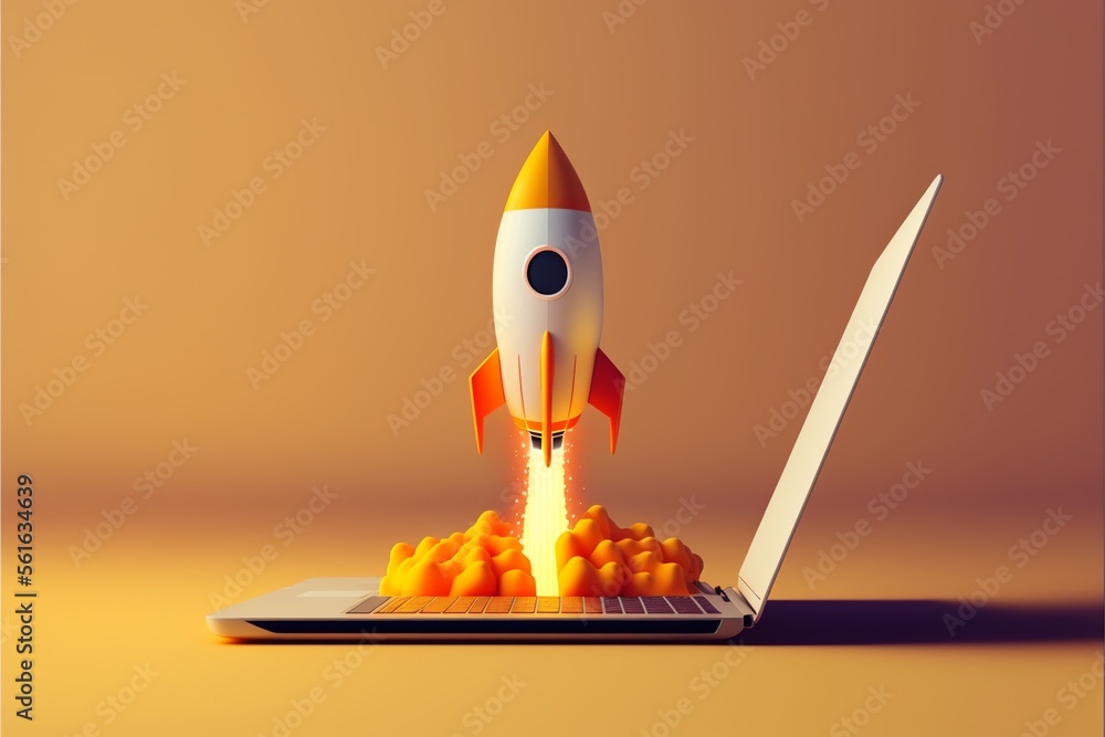 Rocket coming out of laptop screen, gradient minimalist style. AI ...