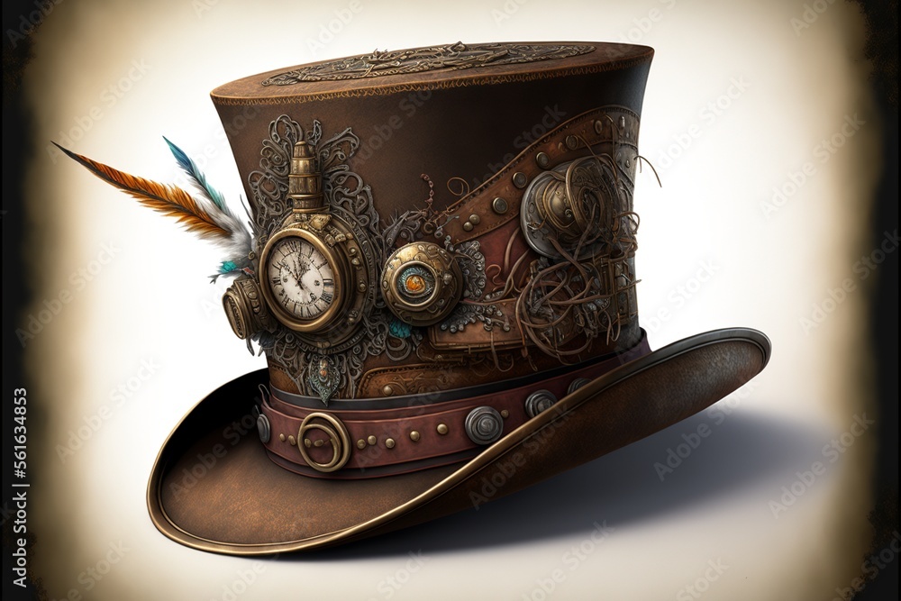 Top hat with steampunk style decorations, white background. AI digital ...