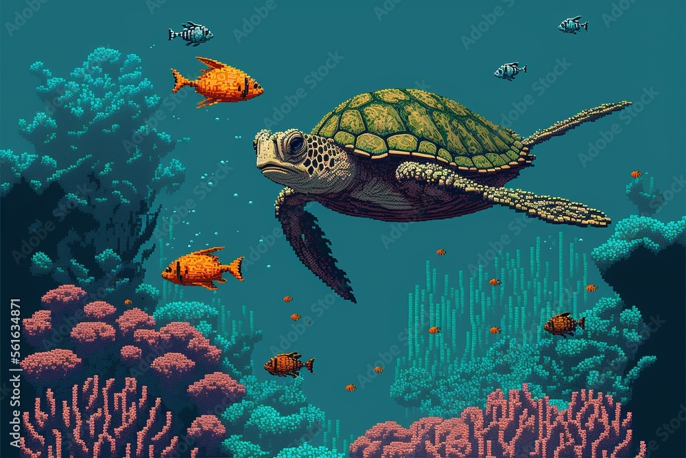 Landscape with turtle fish and corals under the sea, pixel art style ...