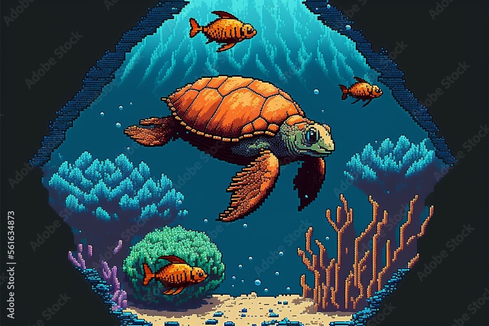 Landscape with turtle fish and corals under the sea, pixel art style ...