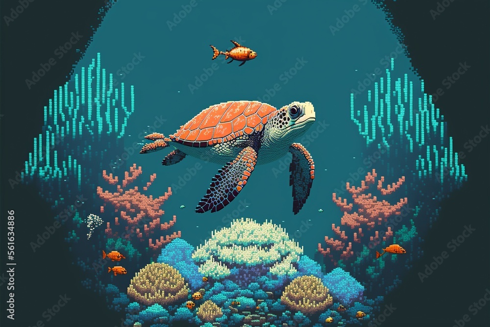 Landscape with turtle fish and corals under the sea, pixel art style ...