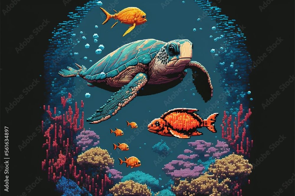 Landscape with turtle fish and corals under the sea, pixel art style ...