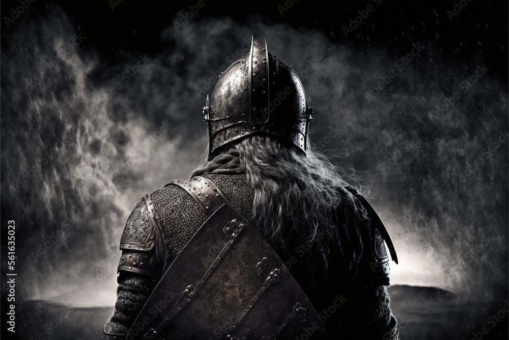 Viking warrior from the back, mountains in the background, night sky ...