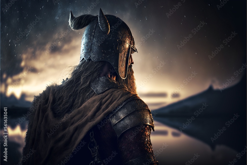 Viking warrior from the back, mountains in the background, night sky ...