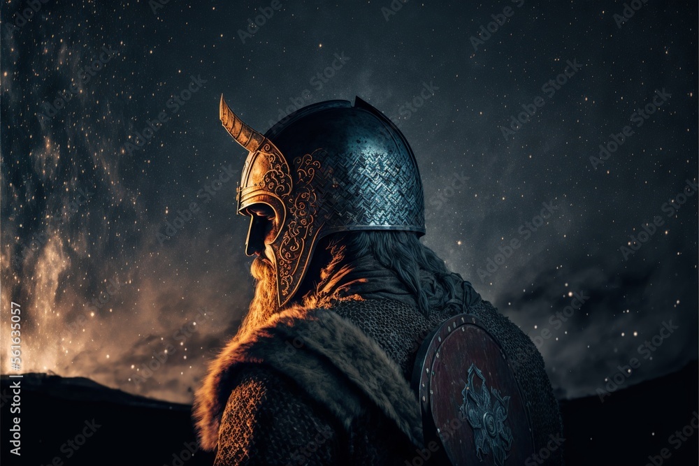 Viking warrior from the back, mountains in the background, night sky ...