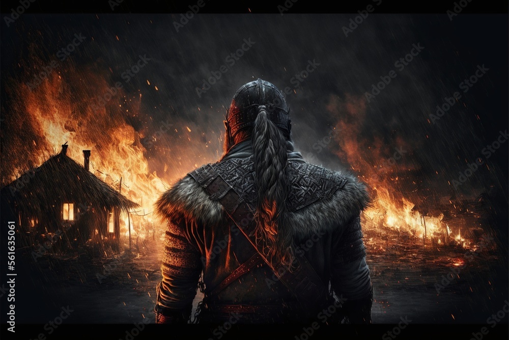 Viking warrior from the back, village burning in the background. AI ...