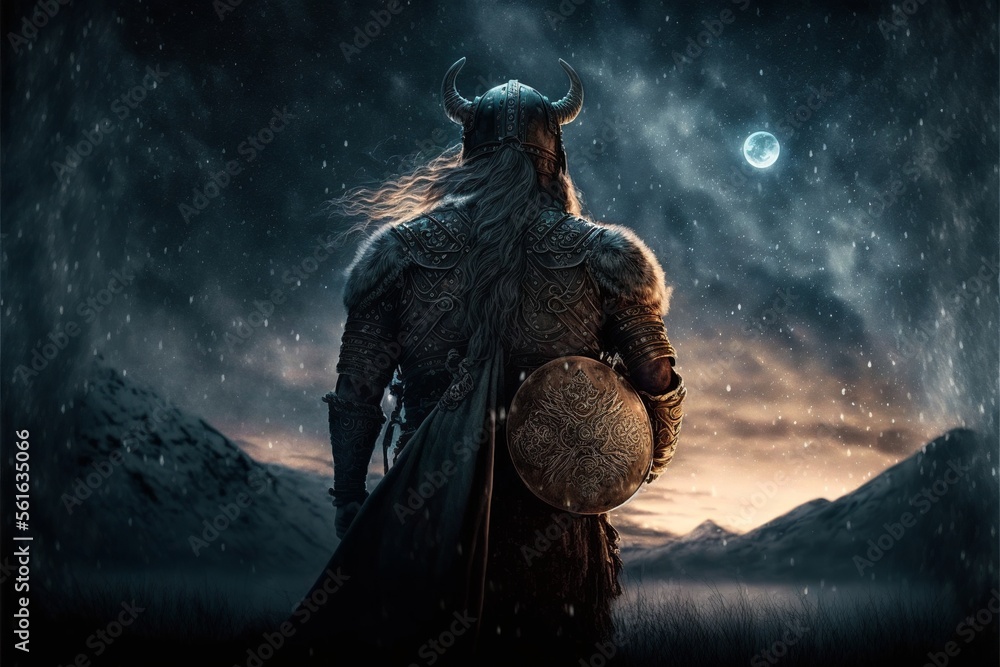 Viking warrior from the back, lake and mountains in the background ...