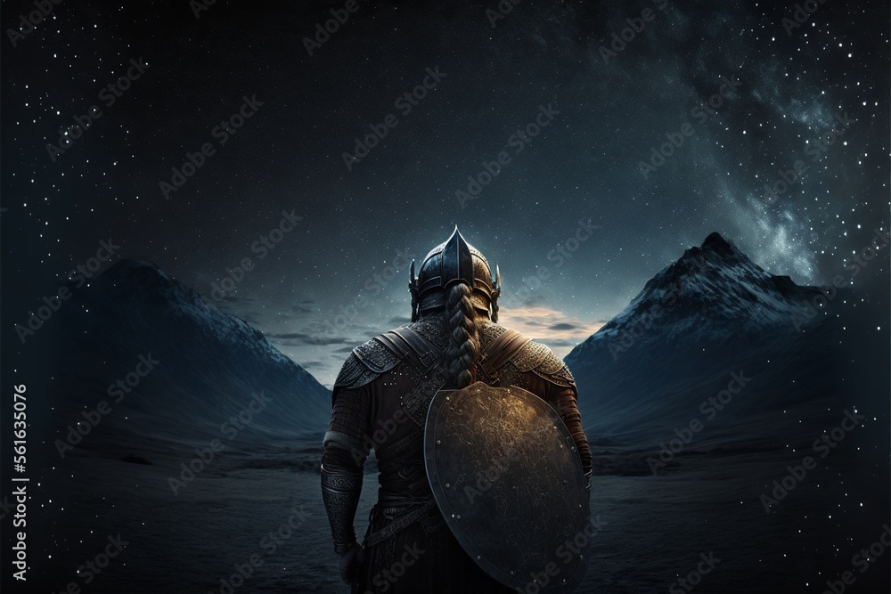 Viking warrior from the back, lake and mountains in the background ...