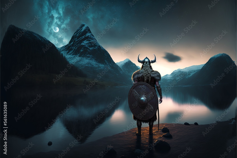 Viking warrior from the back, lake and mountains in the background ...