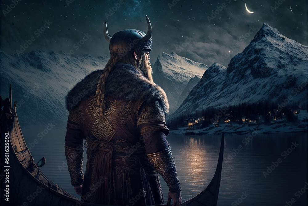 Viking warrior from the back, lake and mountains in the background ...