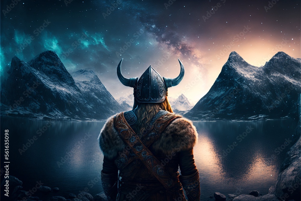 Viking warrior from the back, lake and mountains in the background ...