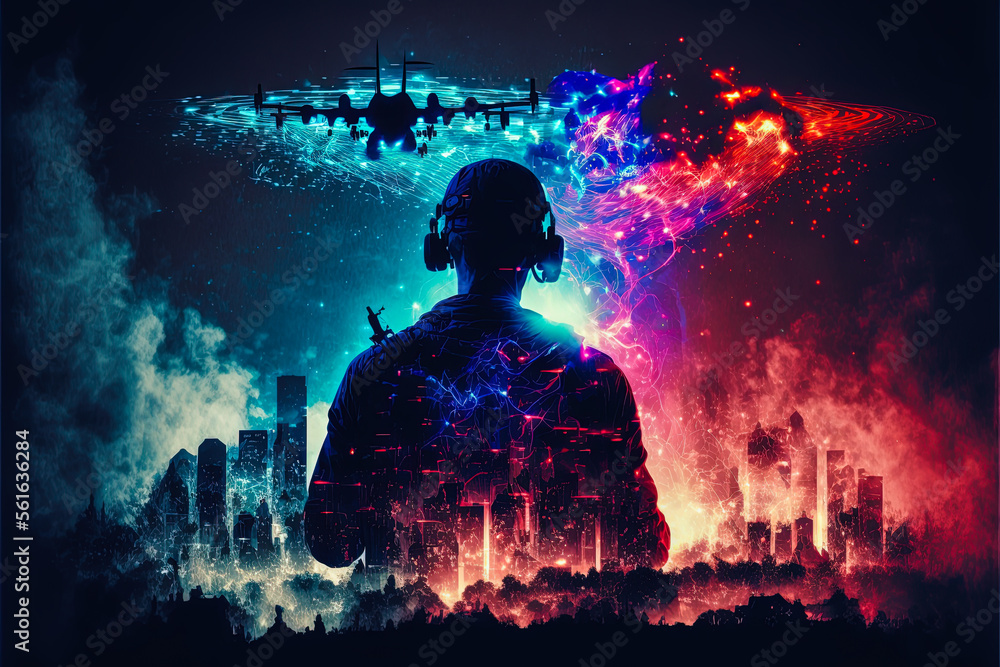 Soldier remotely controlling an army of military drones, visible on the ...