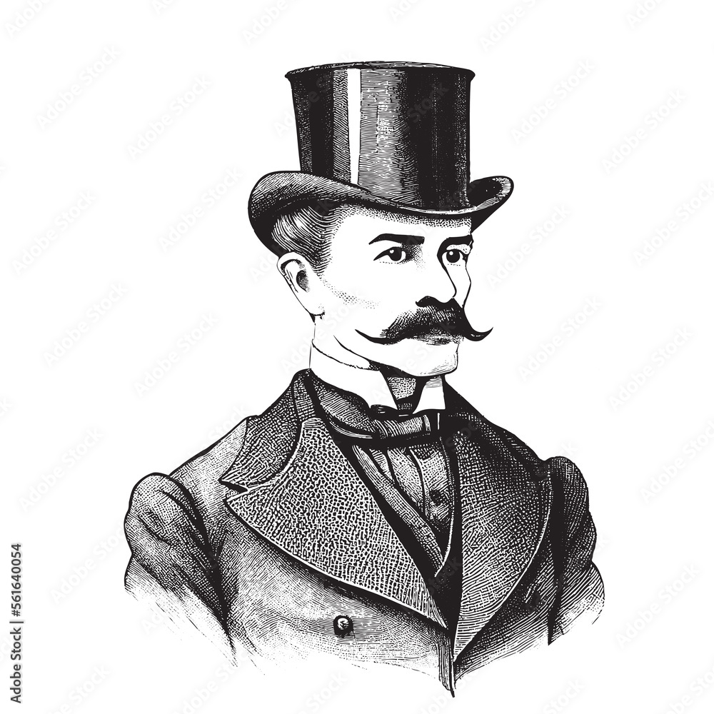 Portrait of an English gentleman with a mustache in a suit and top hat ...