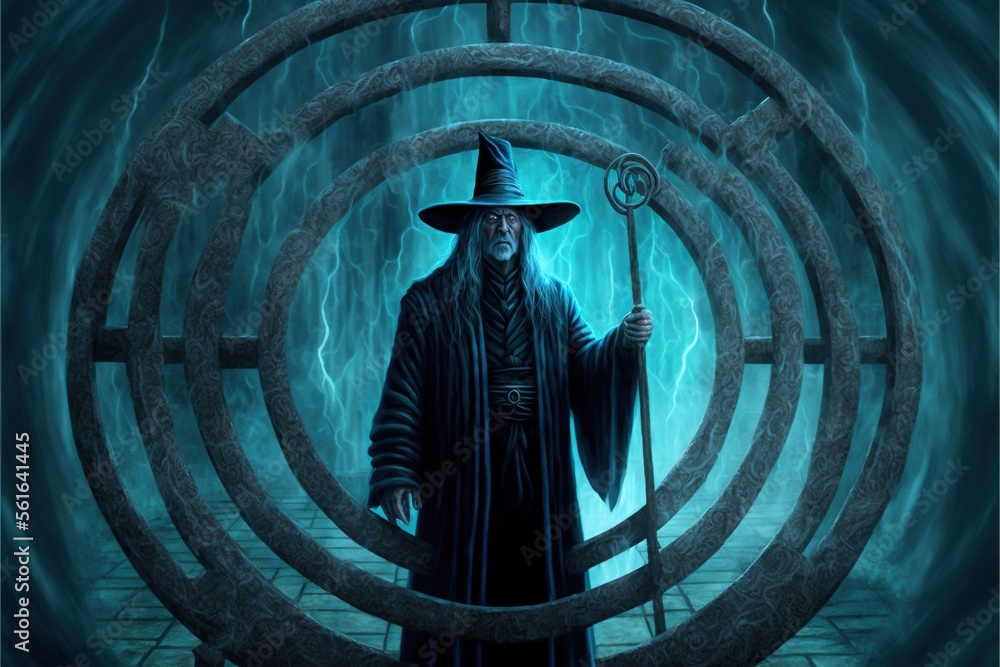 The wizard holds his wand standing at the circle gate, A young wizard ...