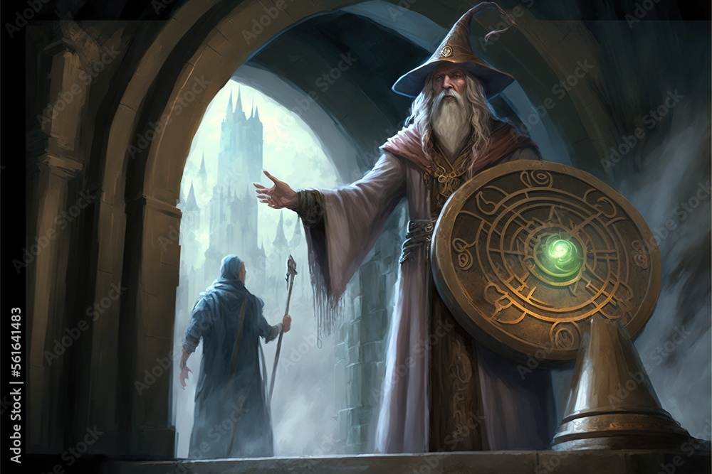 The wizard holds his wand standing at the circle gate, A young wizard ...