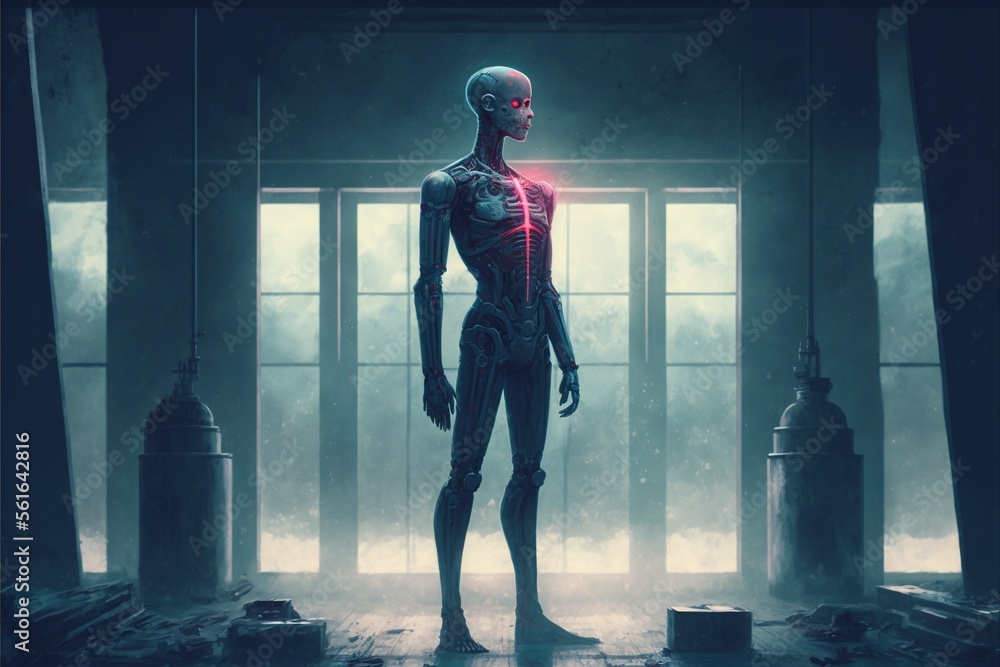 Cyberpunk cyborg in a magic laboratory, Humanoid standing in an ...