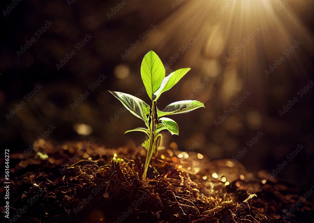 a young sprout in shining rays of sun. Ecological concept.. Stock ...
