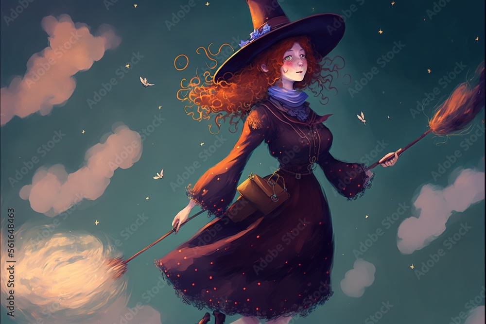 The witch walks in the sky with magic, digital art style, illustration ...