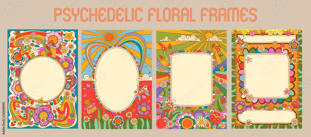 Psychedelic Hippie Style Summer Decorative Frames Set. 1960s Vintage ...