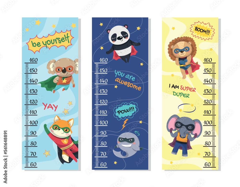 Superheroes height chart set. Collection of posters for apartment ...