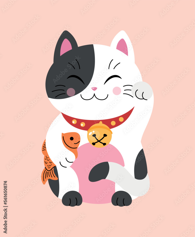 Maneki neko style. Happy cat with fish waves its paw. Lovable character ...