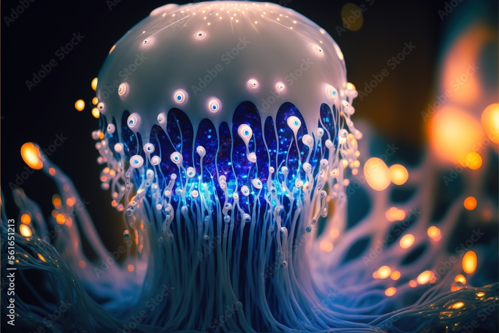 Menacing futuristic AI jellyfish Animal Robot, glowing elements, scary ...