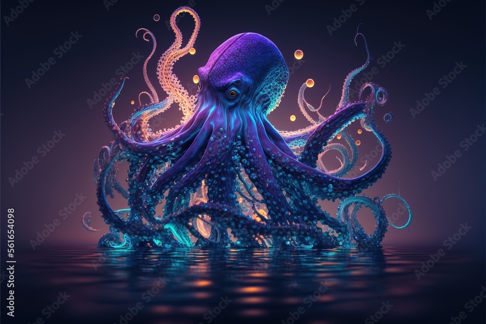 Neon psychic wave kraken animal created with generative ai technology ...