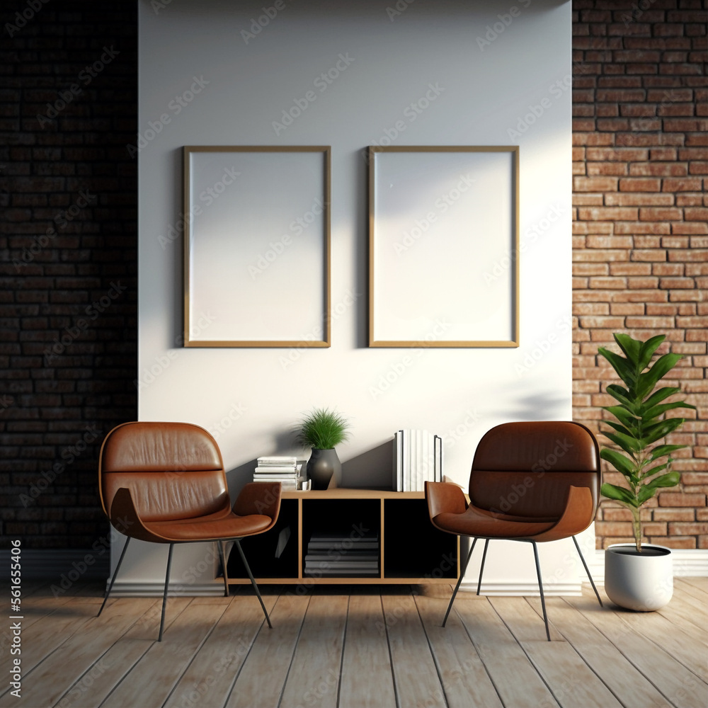 Frame mockup in interior. Cozy interior with empty poster frame. Mock ...