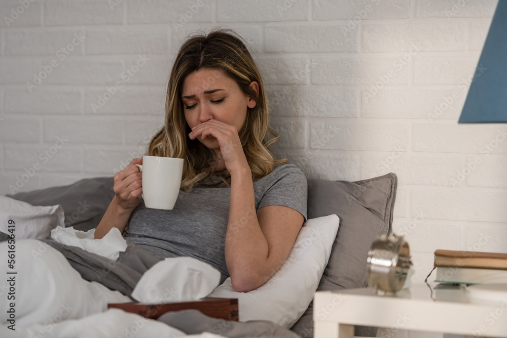 Sick day at home. Woman has runny and common cold. Cough. Closeup Of ...