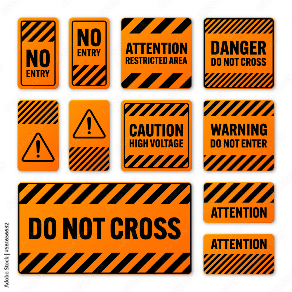 Various black and orange warning signs with diagonal lines. Attention ...