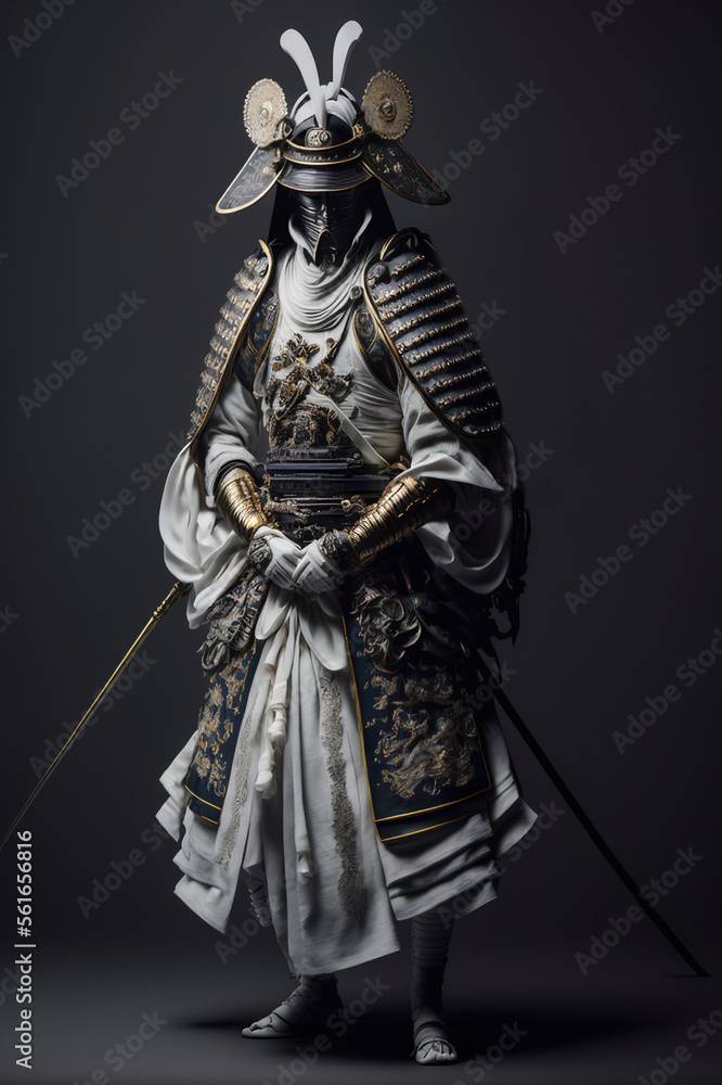 Full body portrait of armored Japanese samurai on grey background ...
