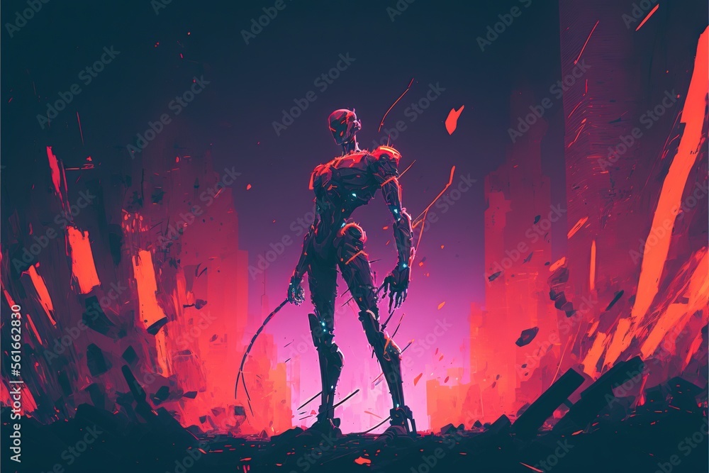 Futuristic man with high-tech weapons standing on the rubble, digital ...