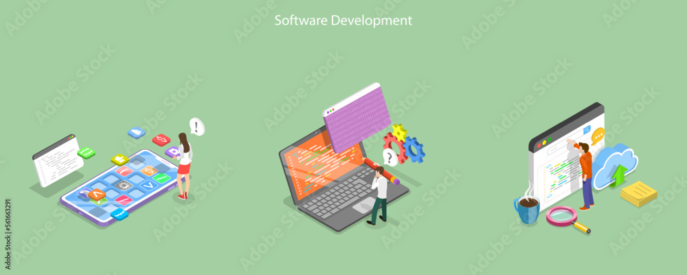 Vetor de 3D Isometric Flat Vector Conceptual Illustration of Software ...