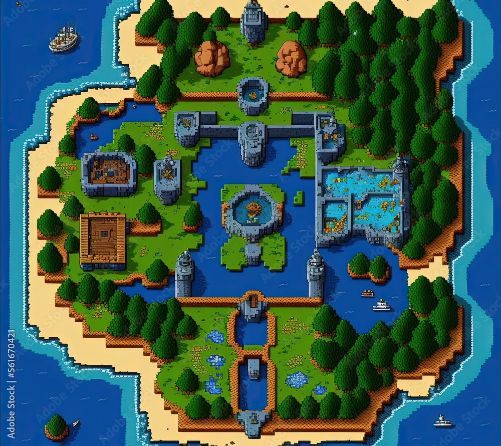 Pixel art fantasy RPG game map, top view, background in retro style for ...