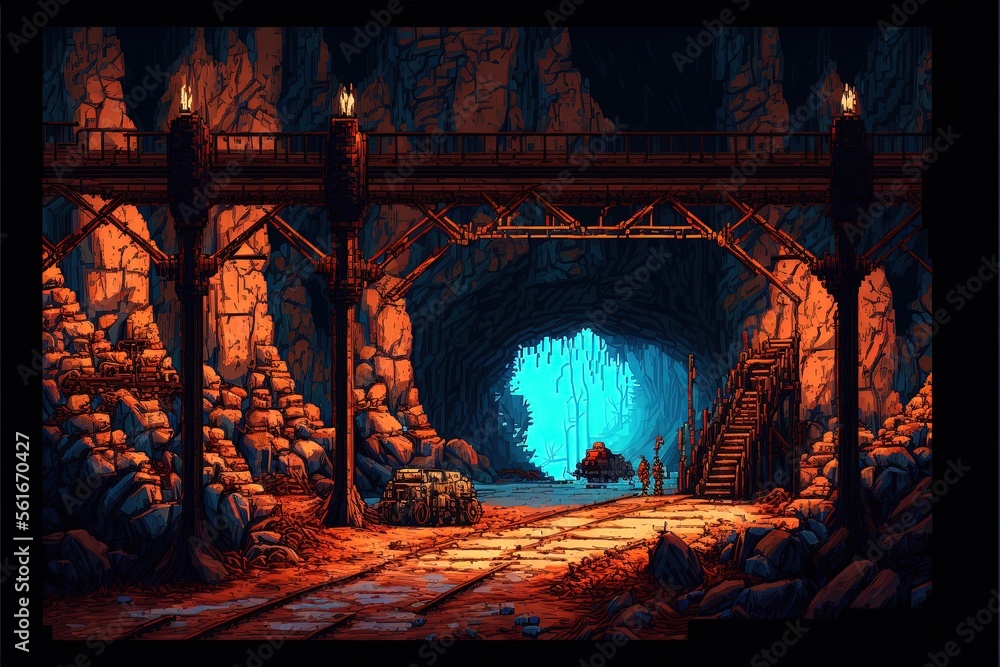 Pixel art mining cave with ore carts, underground mine, background in ...