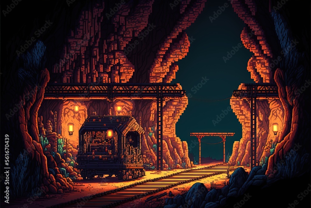Pixel art mining cave with ore carts, underground mine, background in ...
