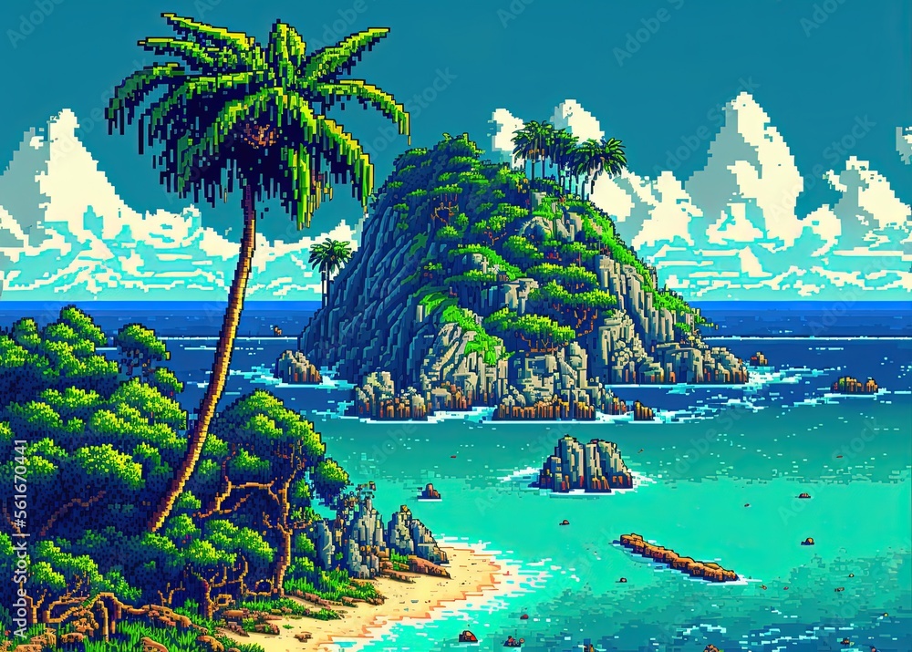 Pixel art paradise island on the high seas, background in retro style ...